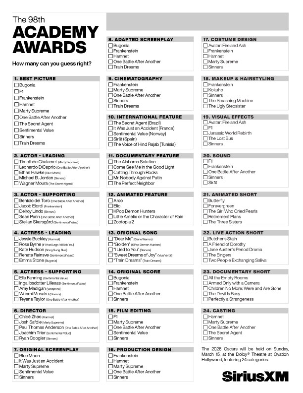 Printable Oscars 2026 Ballot: Download Free PDF Now